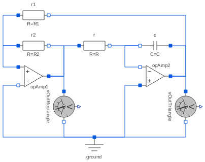 Modelica: Electrical.Analog.Examples.OpAmps.SignalGenerator - SystemModeler Documentation